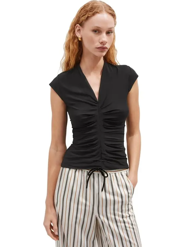 ME+EM Pleat Front V-neck Top - Black