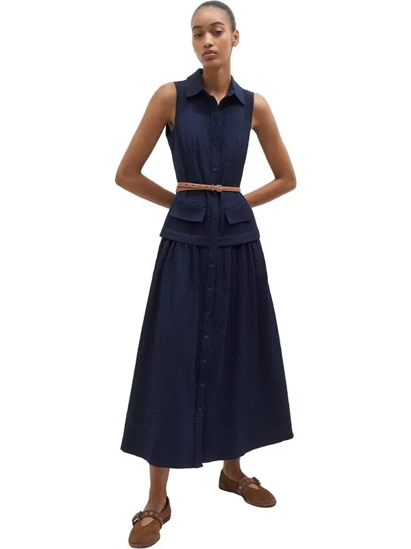 ME+EM Seersucker Maxi Shirt Dress With Belt - Navy