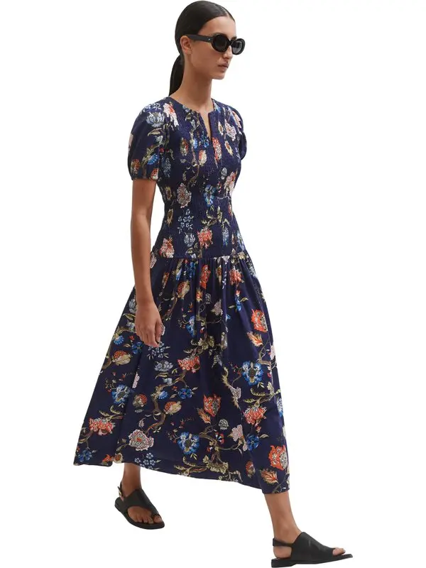 ME+EM Floral Garden Print Smocked Midi Dress - True Blue/multi