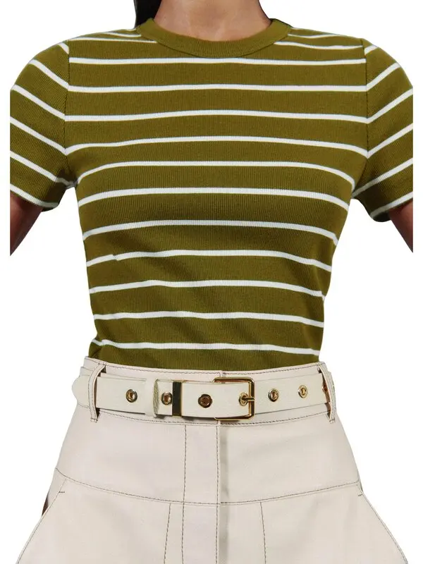 ME+EM Fitted Rib Crew Neck Striped Tee - Deep Golden Olive/cream
