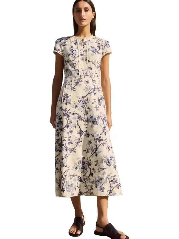 ME+EM Cotton Modern Botanical Print Midi Dress - Light Cream/blue/multi
