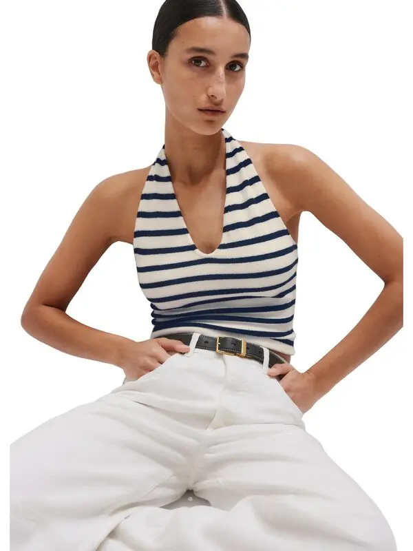 ME+EM Striped Toweling Halterneck Crop Top - Cream/navy