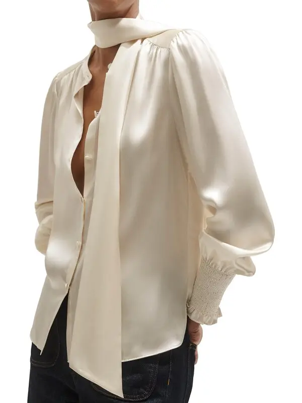 ME+EM Silk Satin Blouse With Tie - Light Cream
