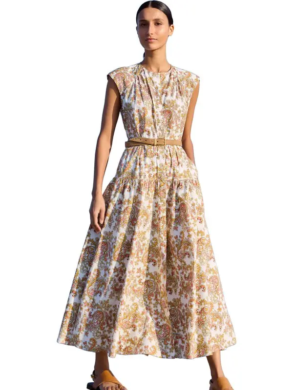 ME+EM Cotton Poplin Paisley Maxi Dress With Belt - Light Cream/yellow/multi