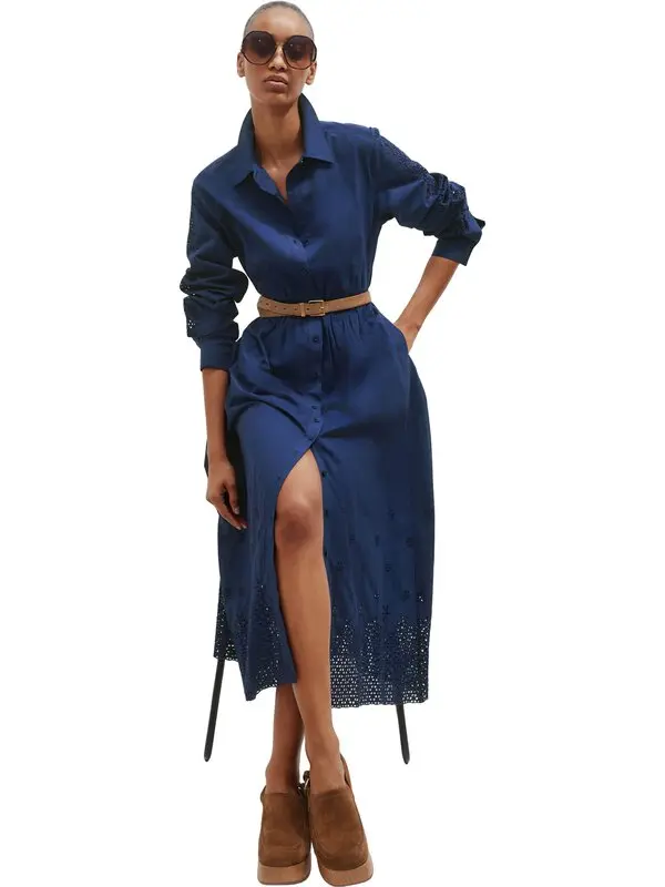 ME+EM Cotton Broderie Border Maxi Shirt Dress + Belt - True Blue