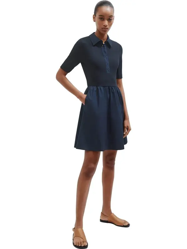 ME+EM Mixed Media Shirt Collar Short Dress - Navy