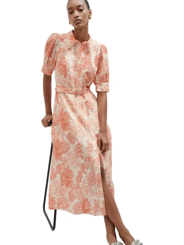 ME+EM Linen-blend Stencil Meadow Print Midi Dress With Belt - Light Cream/peach/multi