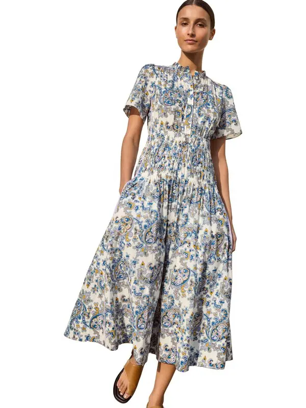 ME+EM Cotton Paisley Print Midi Dress - Light Cream/chambray Blue/multi