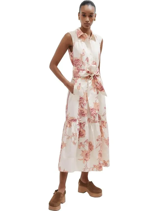 ME+EM Cotton Floral Print Maxi Shirt Dress With Belt - Light Cream/pink/peach