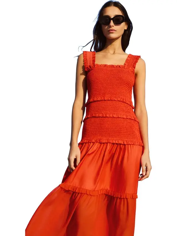 ME+EM Silk-blend Shirred Full-length Dress With Strap - Intense Orange