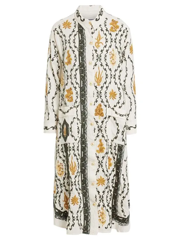 Agua Bendita Frida Calado Embroidered Linen Midi Shirt Dress - Ivory