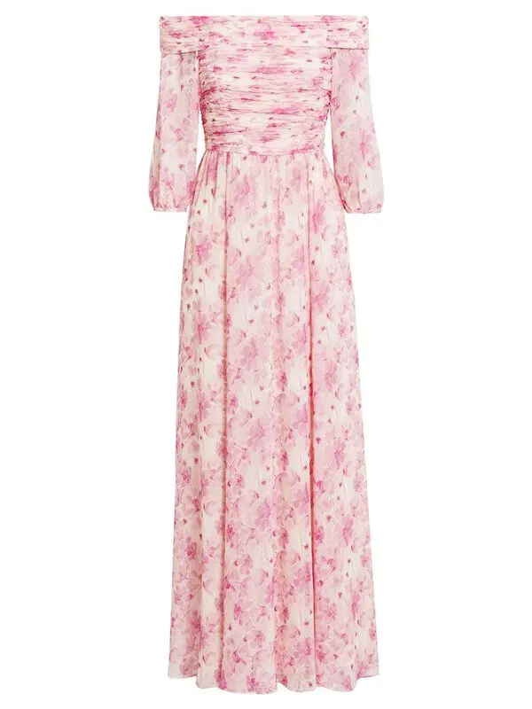 MIKAEL AGHAL Off-the-shoulder Floral-print Chiffon Maxi Dress - Baby Pink
