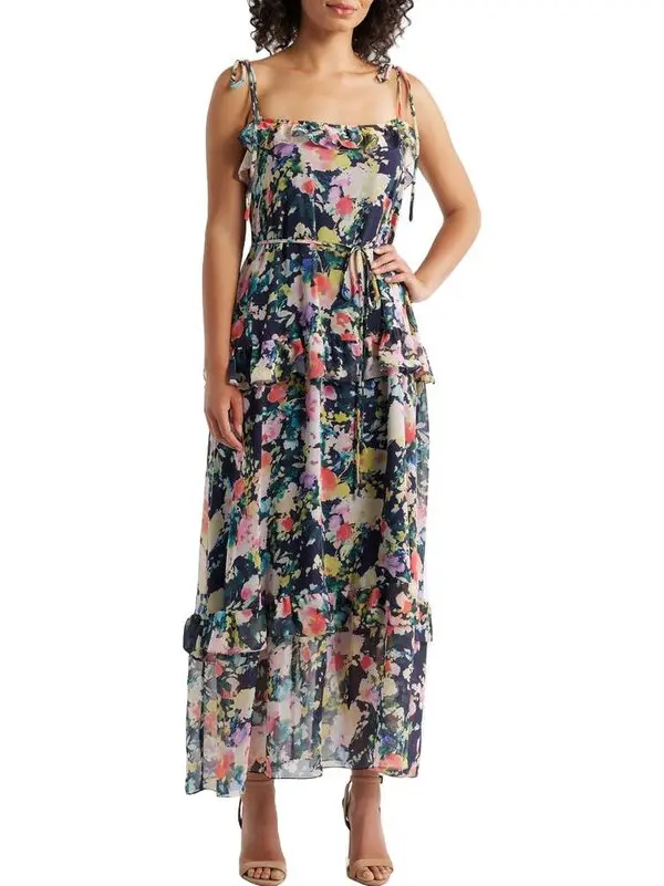 Julia Jordan Floral Print Tie Strap Midi Dress - Navy Multi
