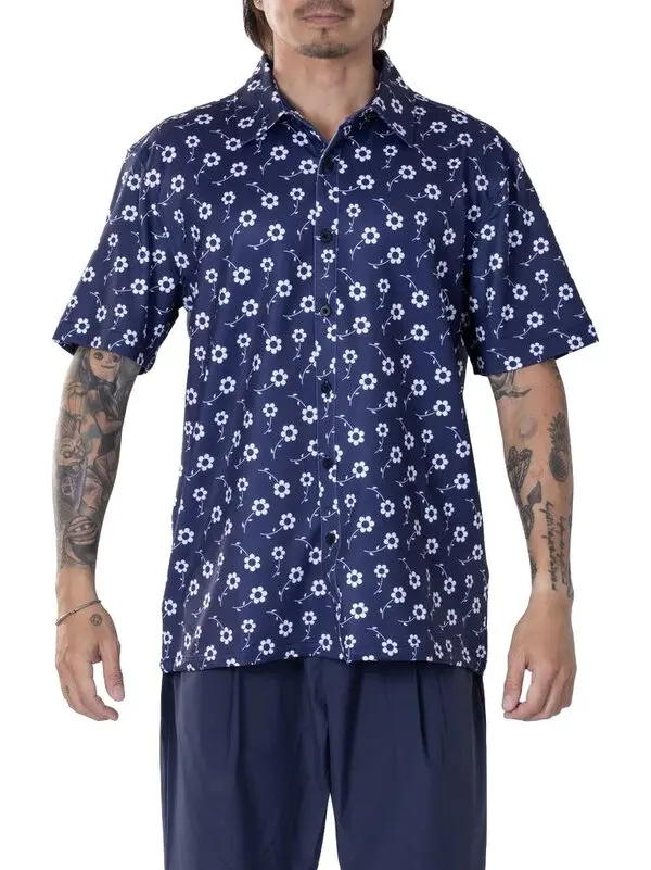 VAST Positive Floral Short Sleeve Performance Button-up Shirt - Navy