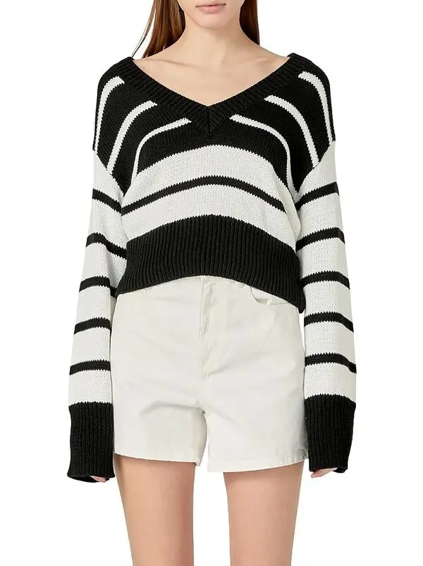 English Factory V-neck Striped Sweater - Black And White