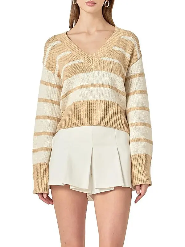 English Factory V-neck Striped Sweater - Tan And Ivory