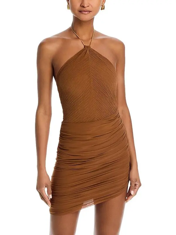 Ronny Kobo Delphine Halter Asymmetric Dress - Tobacco