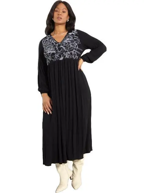LIVE UNLIMITED Embroidered Crinkle Dress - Black