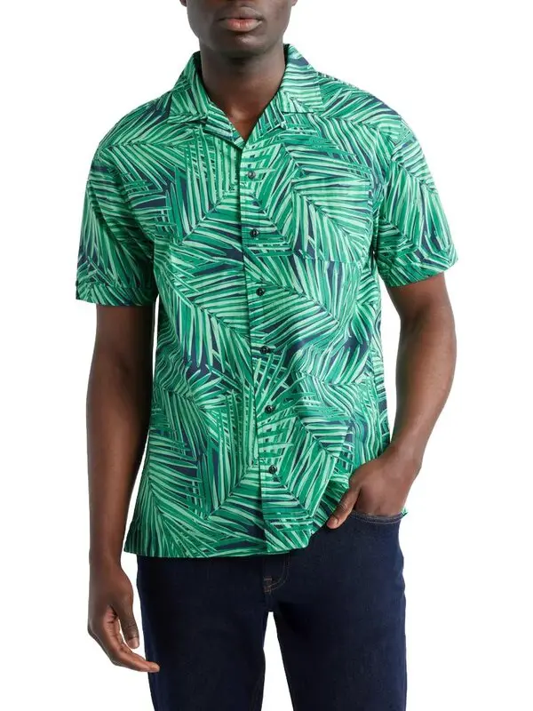 Brooks Brothers Regular Fit Palm Leaf Print Cotton Poplin Camp Shirt - Green/ Navy