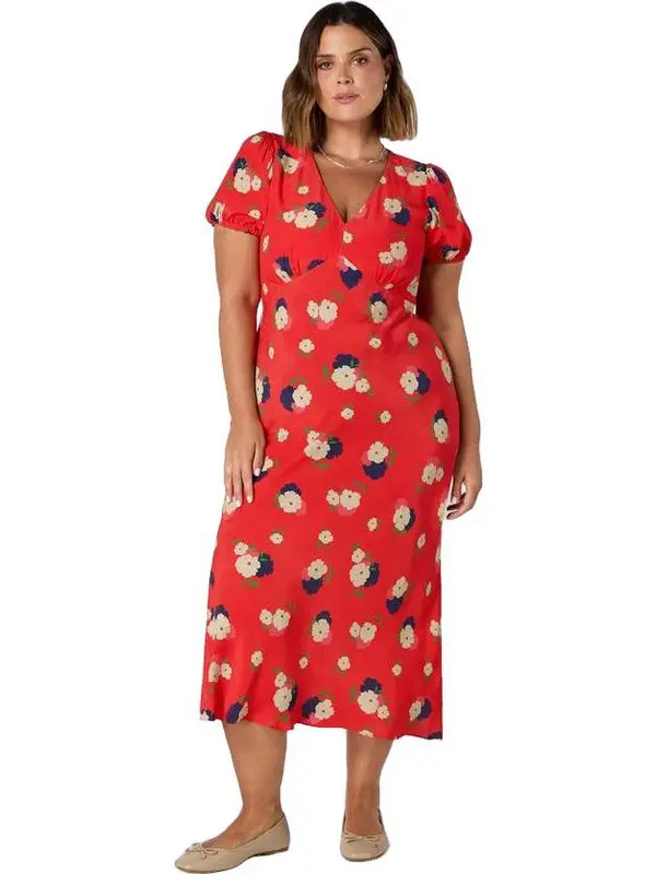 LIVE UNLIMITED Floral Puff Sleeve Midi Dress - Red Floral