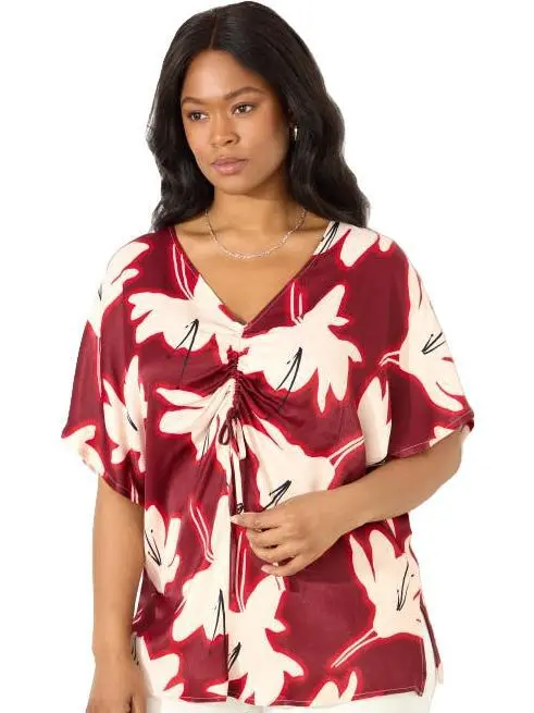 LIVE UNLIMITED Floral Print Ruched Front Blouse - Red Floral