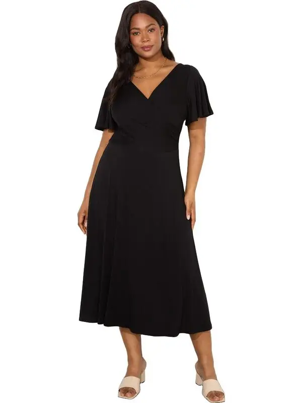 LIVE UNLIMITED Ditsy Jersey Flutter Sleeve Wrap Dress - Black