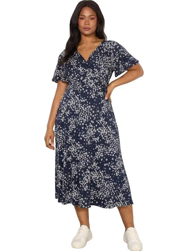 LIVE UNLIMITED Ditsy Jersey Flutter Sleeve Wrap Dress - Navy Ditsy