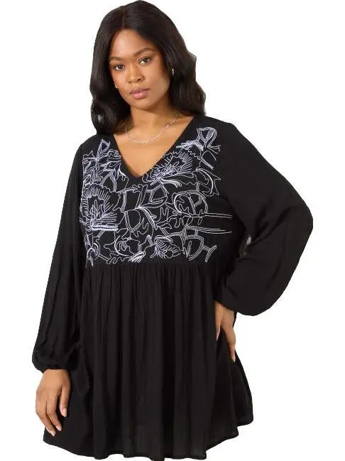 LIVE UNLIMITED Embroidered Crinkle Tunic - Black