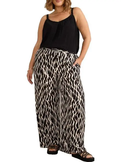 LIVE UNLIMITED Drawstring Waist Wide Leg Pants - Cream/black