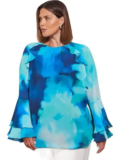 LIVE UNLIMITED Printed Frill Blouse - Blue