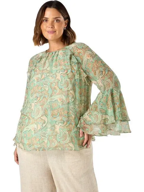 LIVE UNLIMITED Printed Frill Blouse - Green