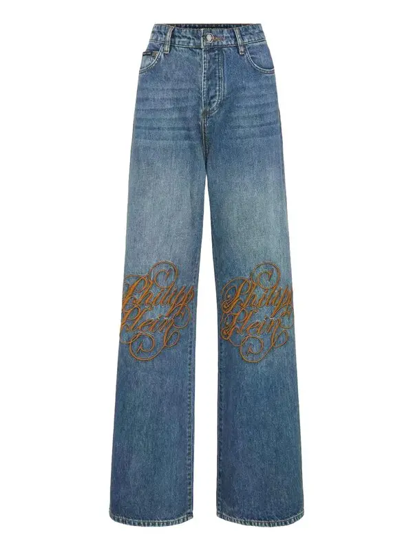 Philipp Plein Logo-embroidered Wide-leg Jeans - Blue