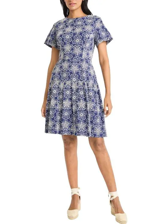 Maggy London Embroidered Flare Dress - Blue/ White