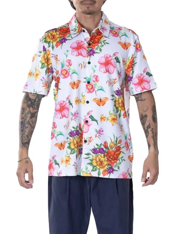 VAST Floral Watercolor Short Sleeve Performance Button-up Shirt - Red Multi
