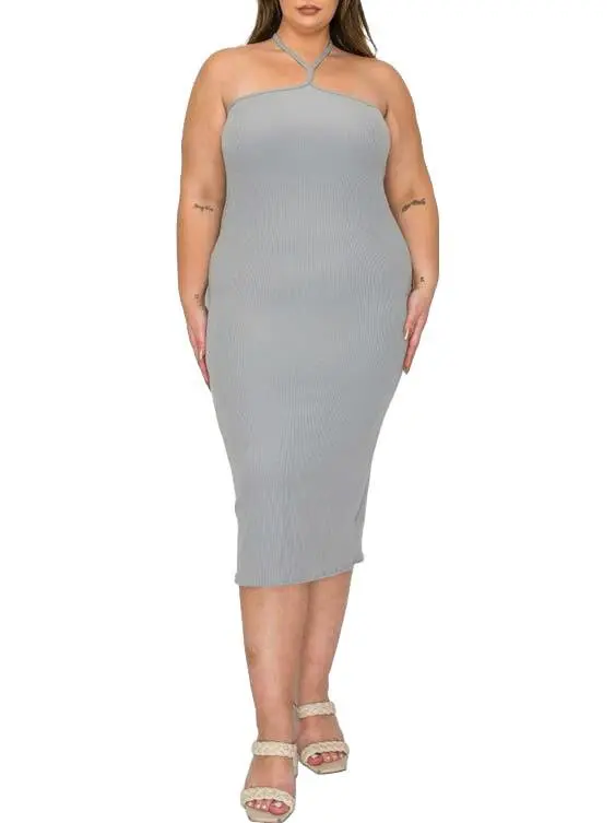 L I V D Sienna Halter Rib Midi Dress - Light Grey