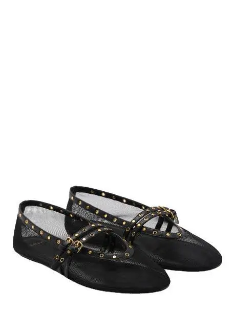 Mango Studded Buckle Strap Mesh Ballet Flats - Black