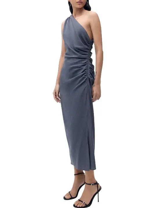 Mango Asymmetric Ruched Column Dress - Indigo Blue