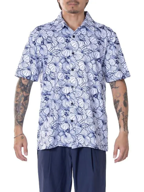 VAST Hibiscus Print Floral Short Sleeve Performance Button-up Shirt - White
