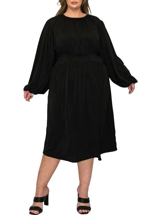 L I V D Audrey Gathered Long Sleeve Midi Dress - Black