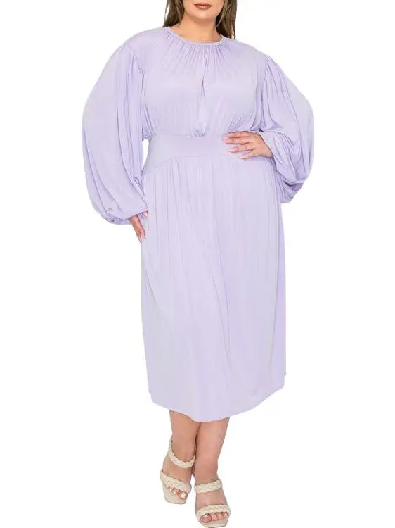 L I V D Audrey Gathered Long Sleeve Midi Dress - Lilac