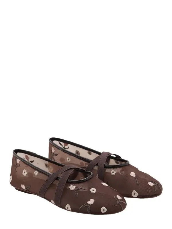 Mango Floral Embroidered Ballerina Flat With Cross Strap - Brown