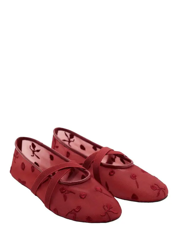 Mango Floral Embroidered Ballerina Flat With Cross Strap - Red