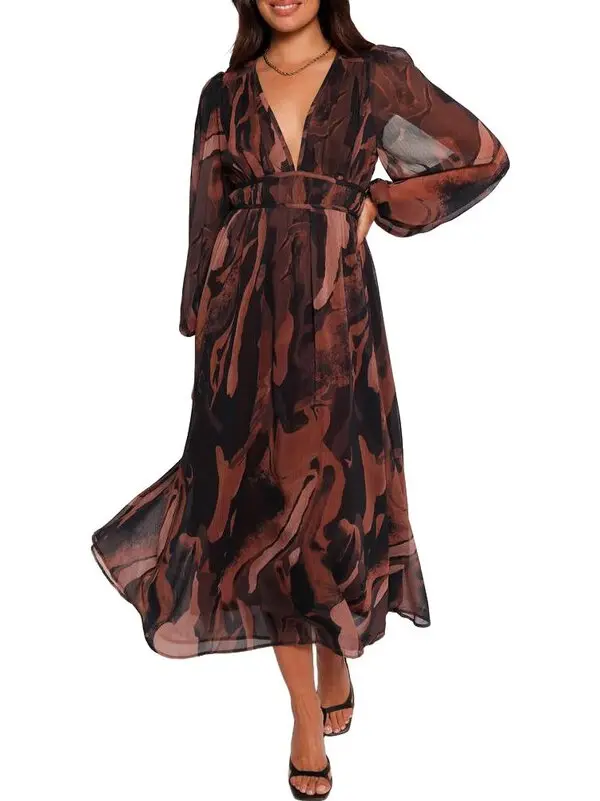 PETAL & PUP Blayze Long Sleeve Maxi Dress - Brown Print
