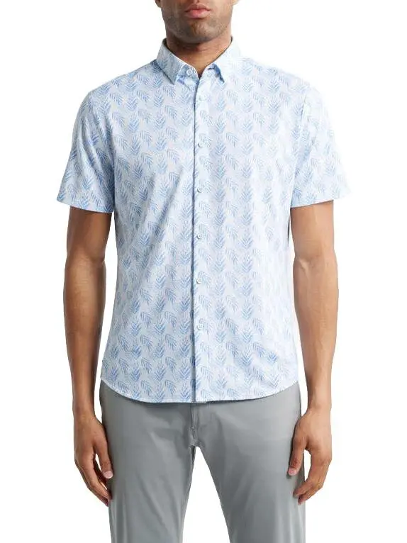 Mizzen+main Halyard Trim Fit Leaf Print Short Sleeve Button-up Shirt - Light Blue Palm