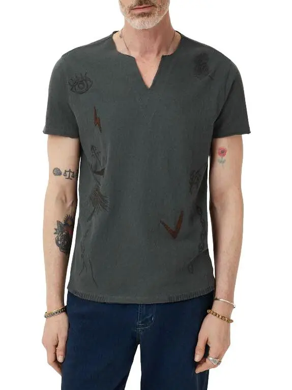 John Varvatos Embroidered Raw Edge Notch Neck Organic Cotton T-shirt - Dried Sage