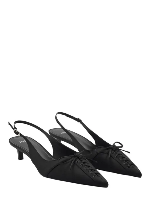 Mango Bow Pointed Toe Kitten Heel Slingback Pumps - Black