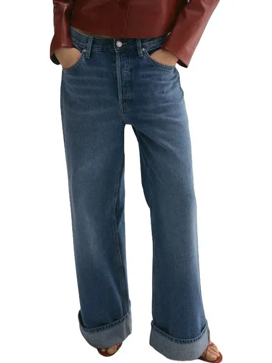 Mango Cuffed Wide Leg Jeans - Medium Blue