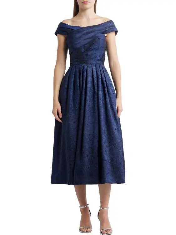 TAHARI ASL Crushed Taffeta Off-the-shoulder Cocktail Dress - Navy