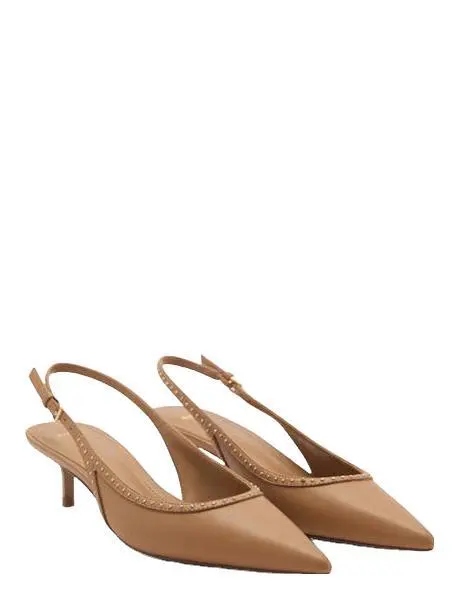 Mango Studded Pointed Toe Slingback Pumps - Medium Brown