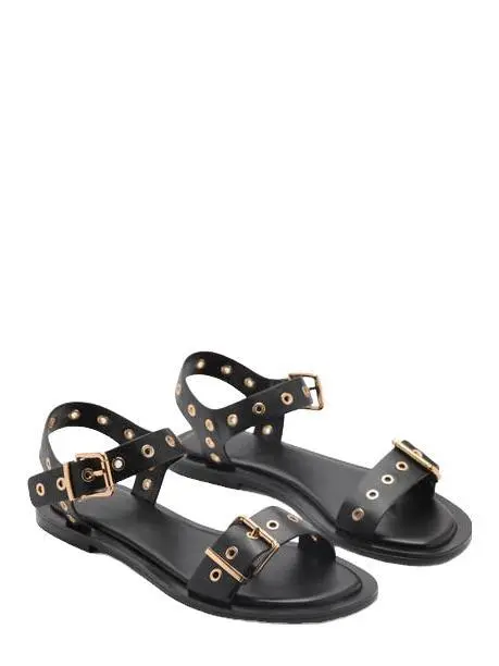 Mango Grommet Strap Flat Sandal - Black